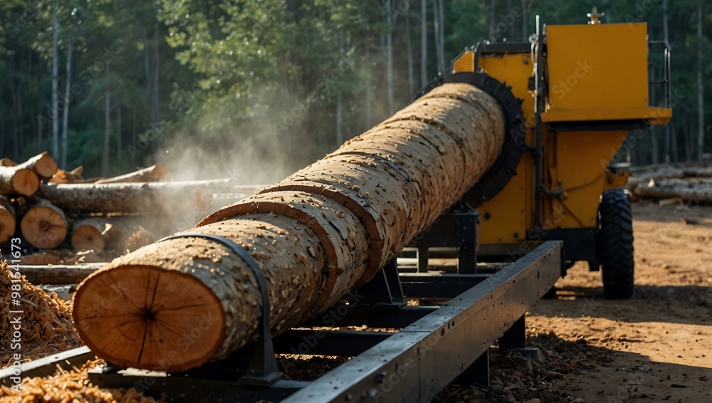 Sawmill conveyor belt carrying freshly cut logs with sawdust and ...