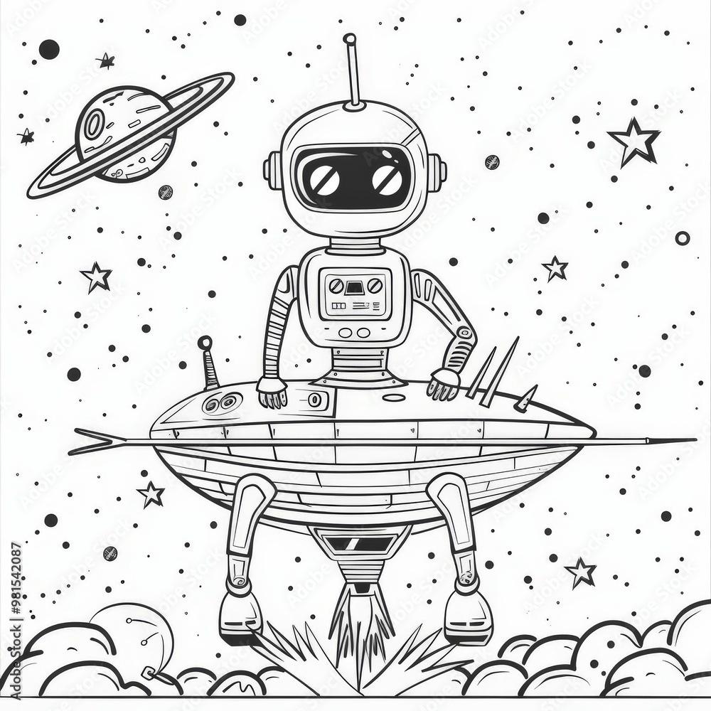 a coloring book page for kids with a space robot operating a spacecraft ...
