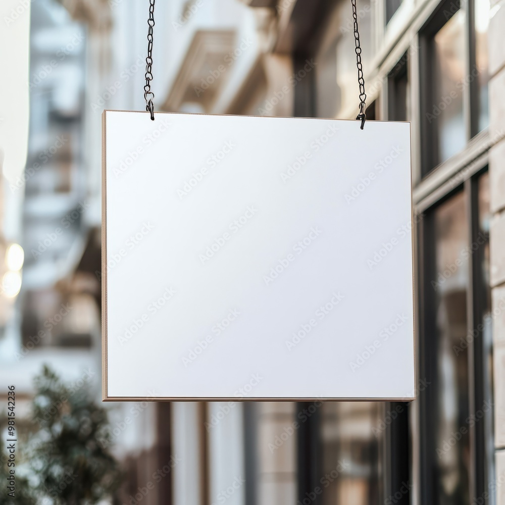 blank white hanging sign on building, Mock up of a white blank empty ...