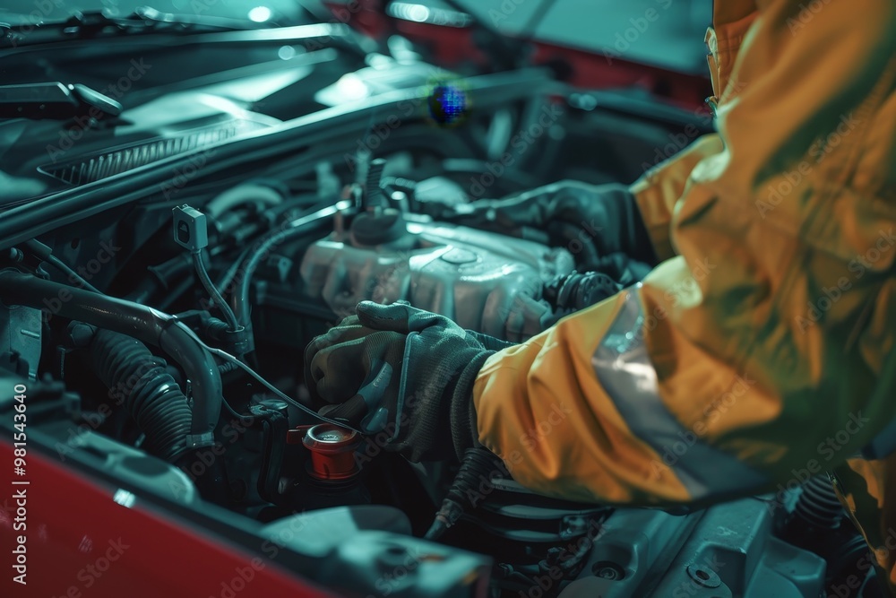 A mechanic is checking the coolant levels in the engine of a car, The ...