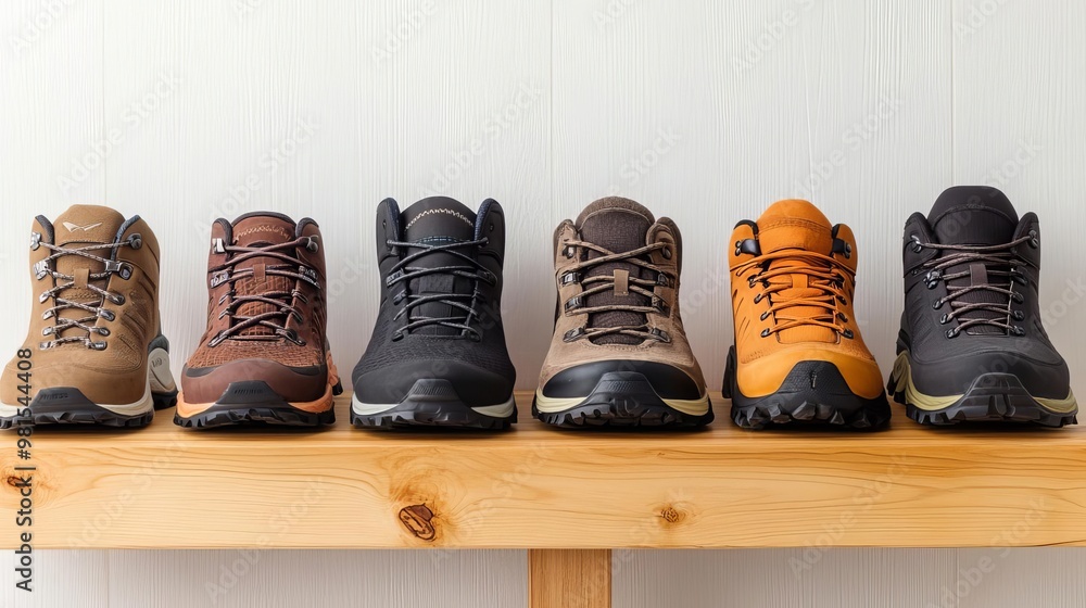 Collection of different trail shoes lined up on a trailhead board ...