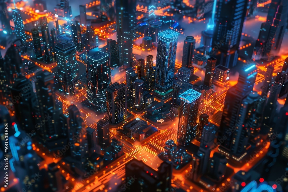 A city at night with a network of connected lights brightening the ...