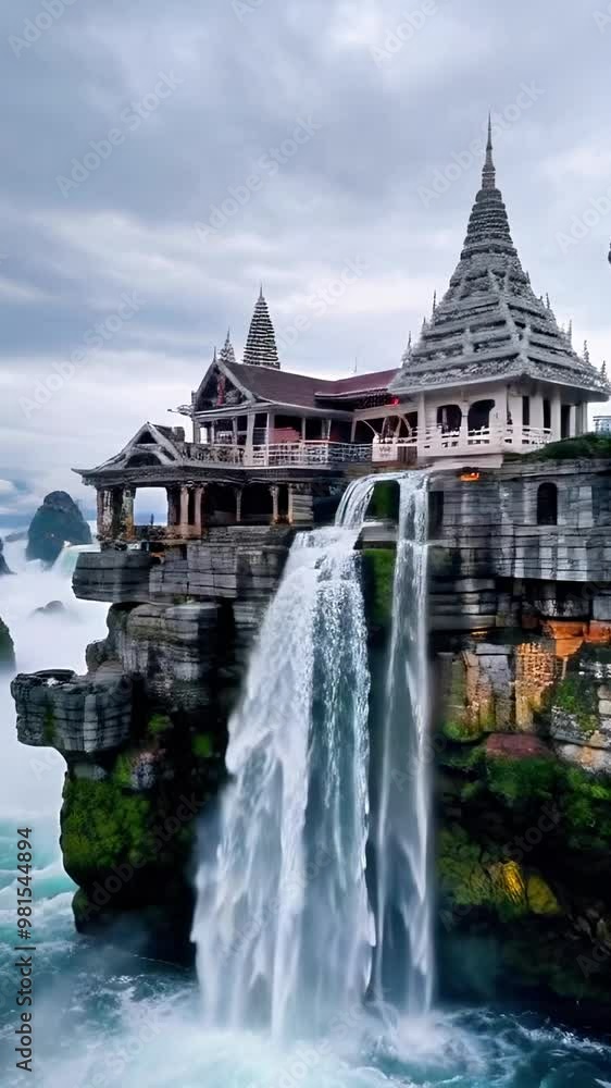 Architectural concept: Cantilevered temple on a waterfall of glowing ...