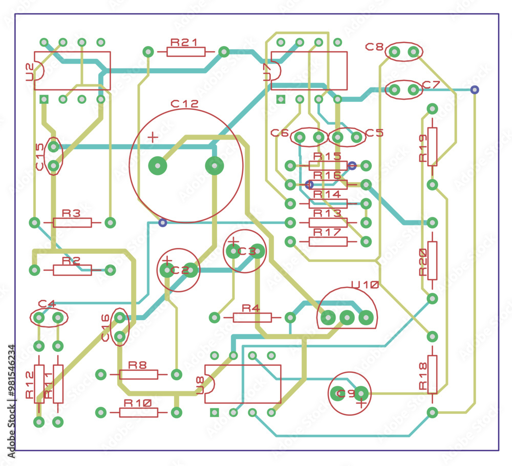 Vector printed circuit board of electronic device with components of ...