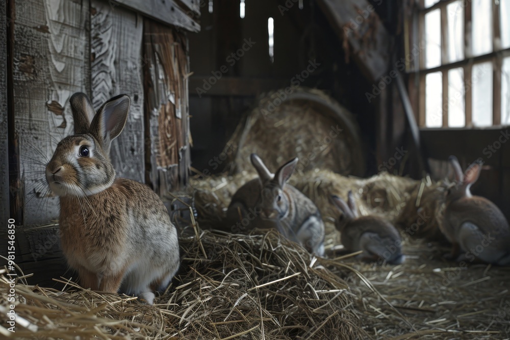 Rabbits sitting on hay pile in enclosure, The rabbits hopping around in ...