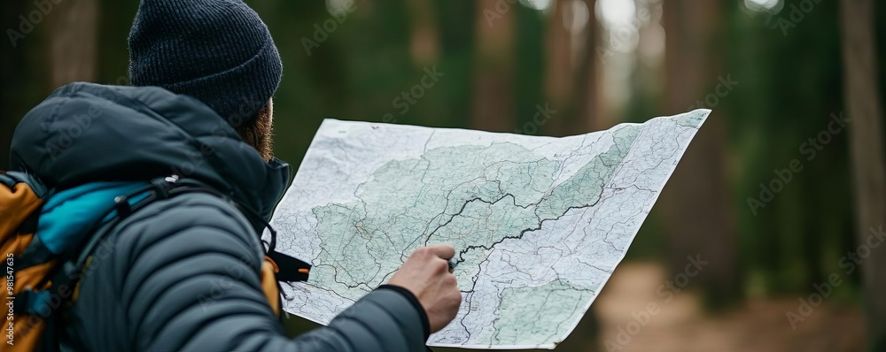 Hiker inspecting a detailed topographic map, dense woods in the ...