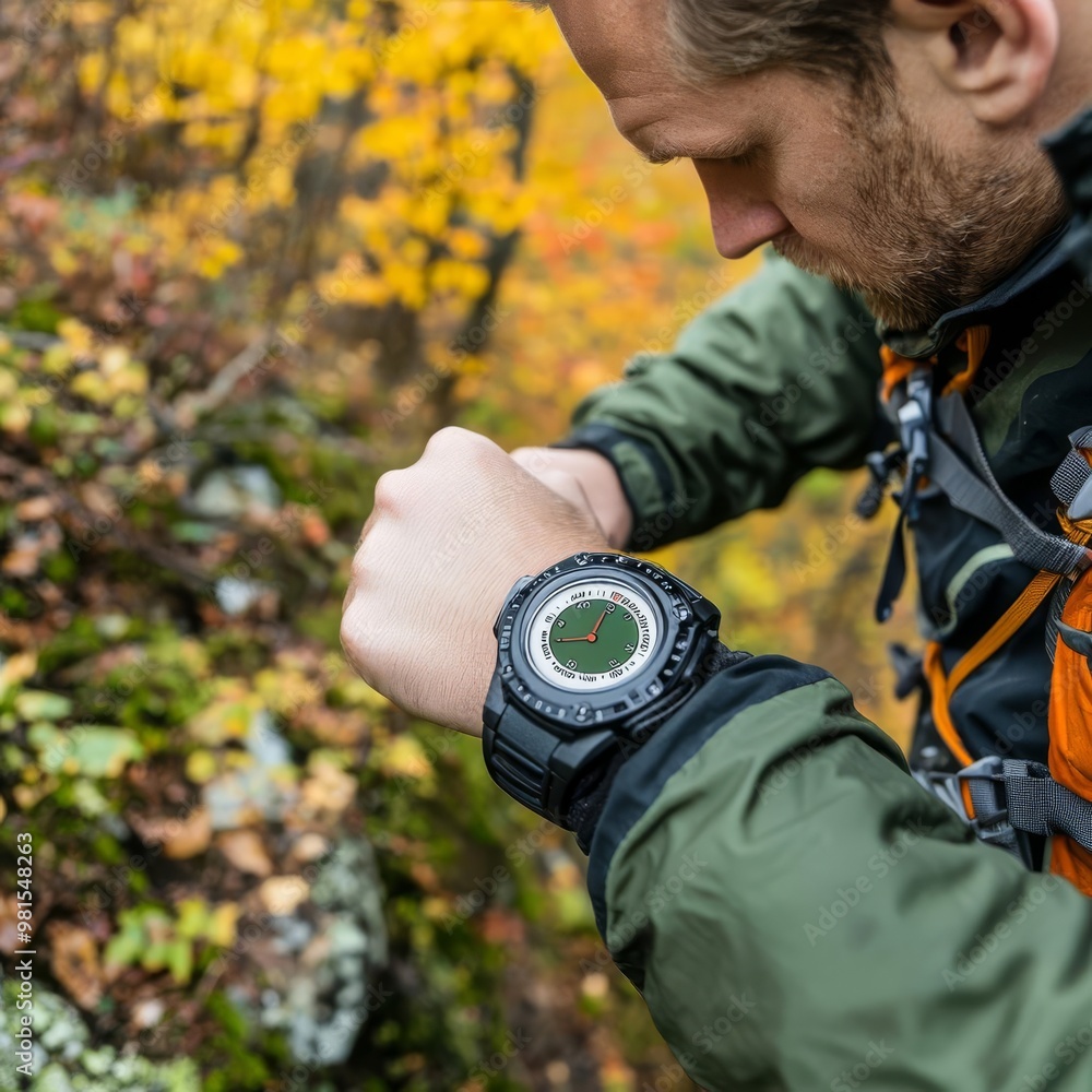 Hiker using an altimeter watch, checking elevation on a steep ascent ...