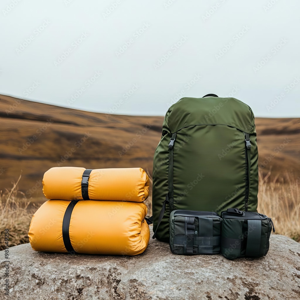 Minimalist setup of ultralight backpacking gear on a flat rock, ready ...