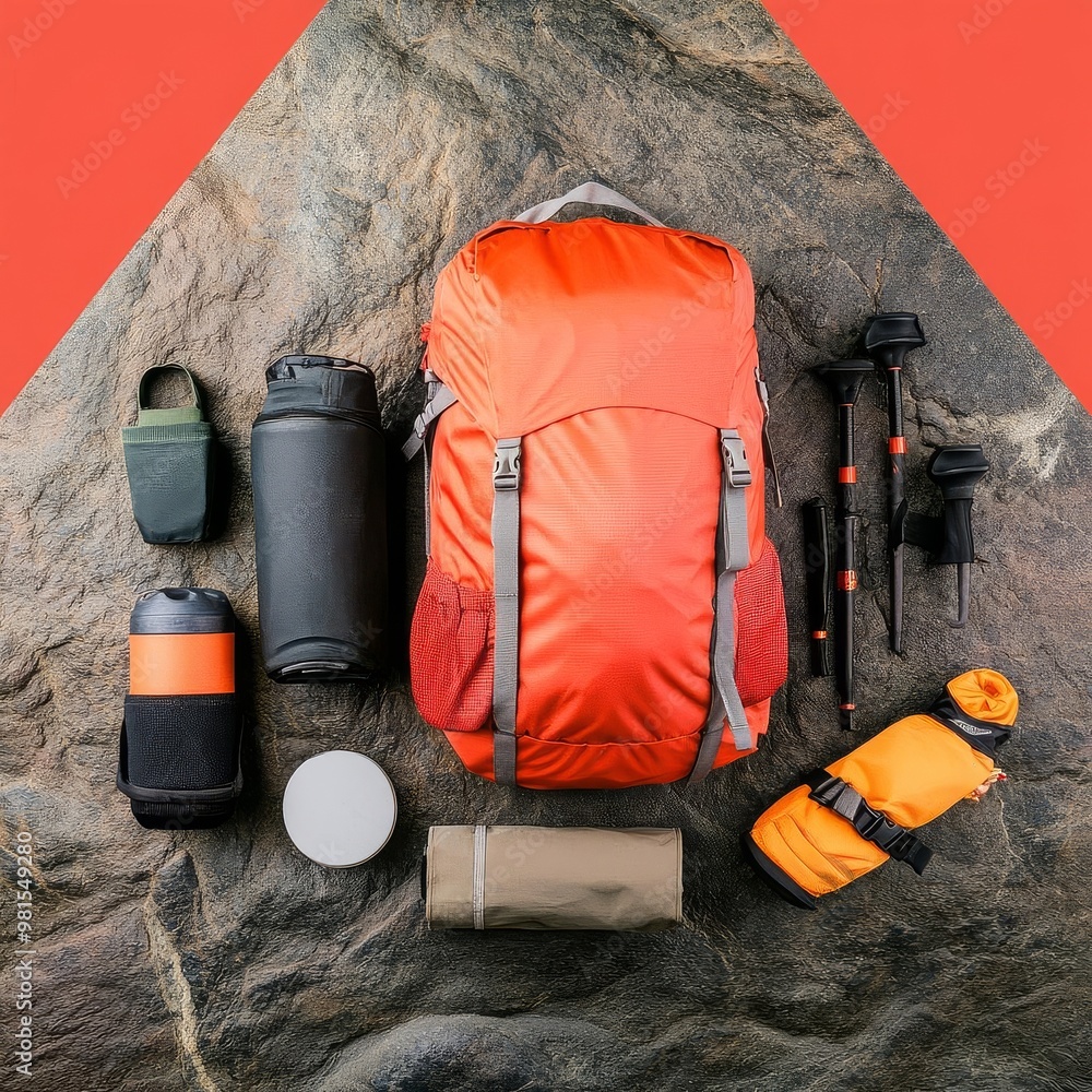 Minimalist setup of ultralight backpacking gear on a flat rock, ready ...