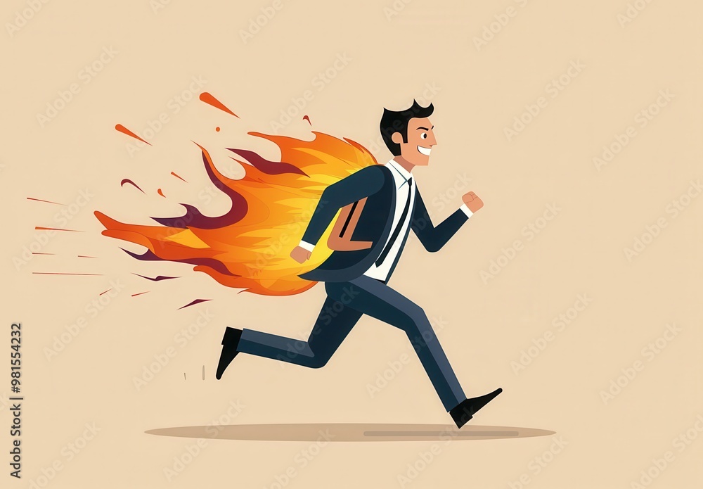 A cartoon man in a suit runs frantically with flames erupting from his ...