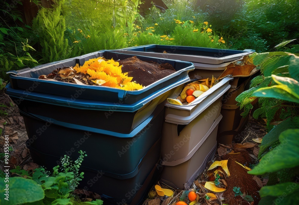 colorful compost bins brimming fresh organic material lush natural ...