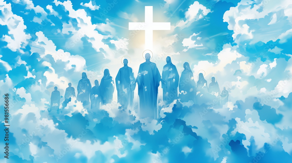 Silhouettes of Saints in heaven on clouds and shining white cross ...