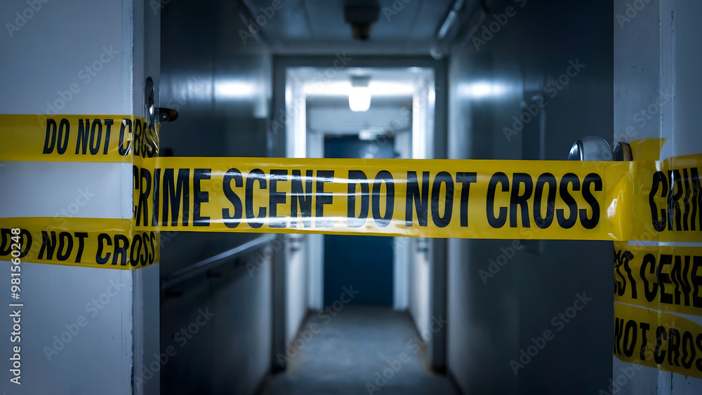 Crime Scene with Yellow "Do Not Cross" Tape Blocking an Eerie and Dark ...