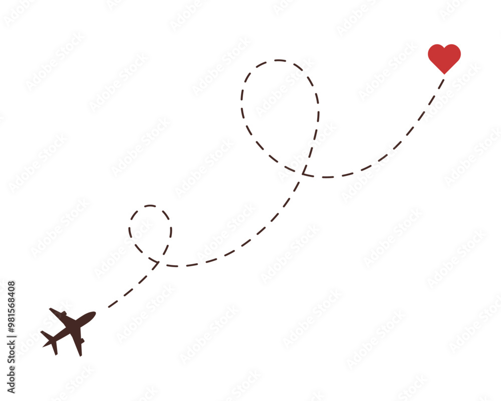 Plane icon with flight path and location mark in heart shape. Curved ...