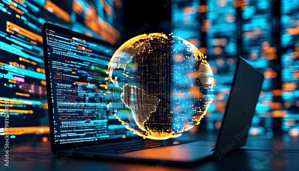 Innovative big data landscape showcasing laptop use amid visualizations ...