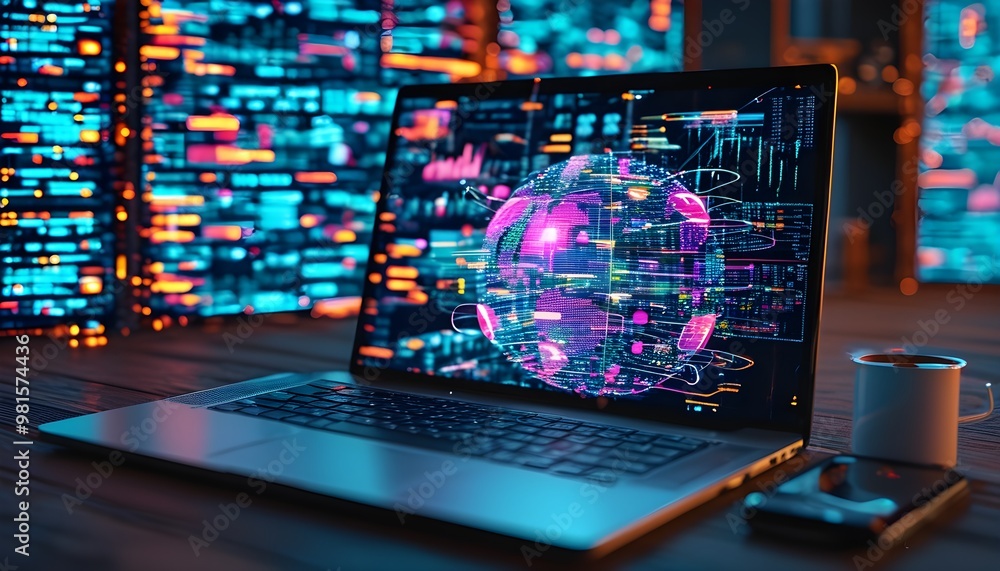 Innovative big data landscape showcasing laptop use amid visualizations ...