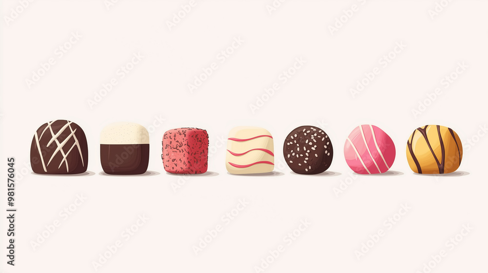 Row of exclusive-flavored sweets arranged in a line on a flat surface ...