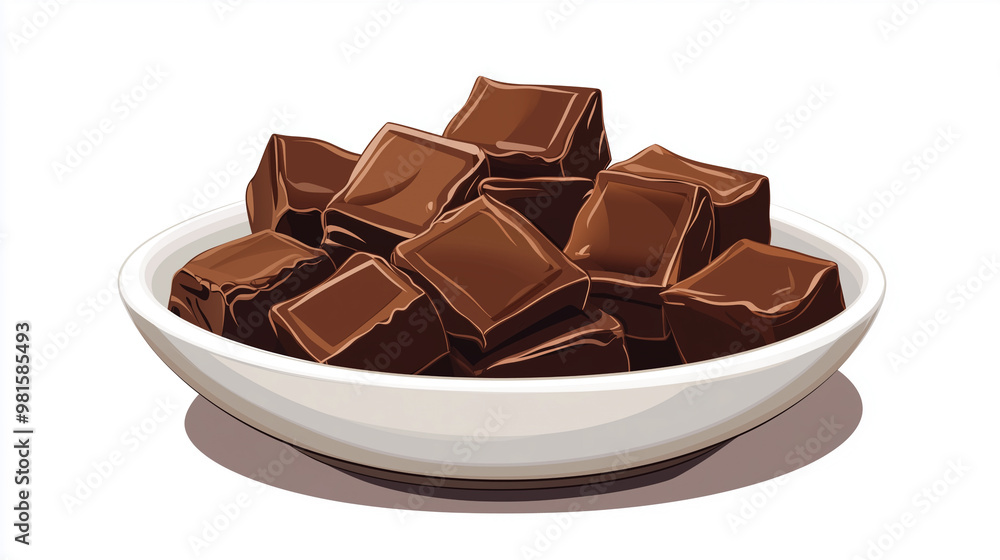 Dish of chocolate-coated toffee chunks with a uniform chocolate layer ...