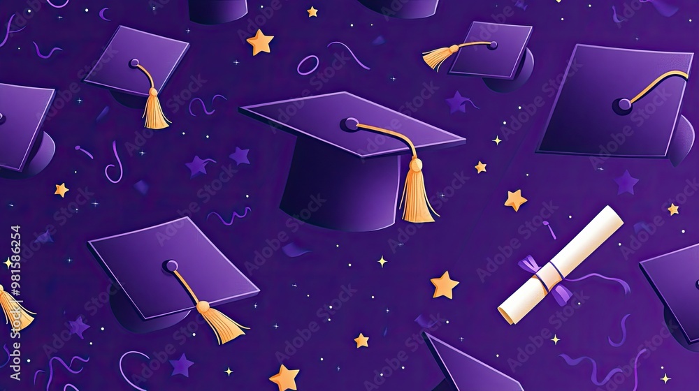 Seamless Pattern of Graduation Caps and Diplomas on a Purple Background ...