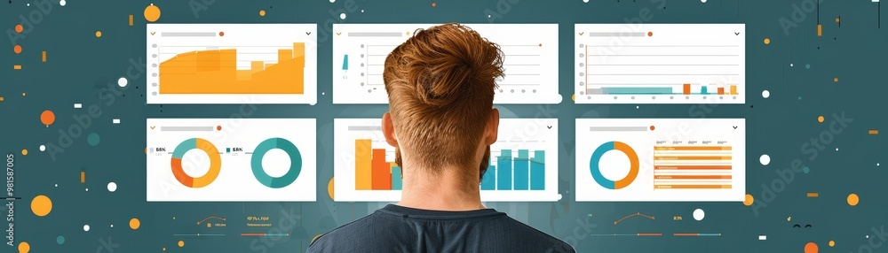 A person analyzes various data visualizations displayed on screens ...