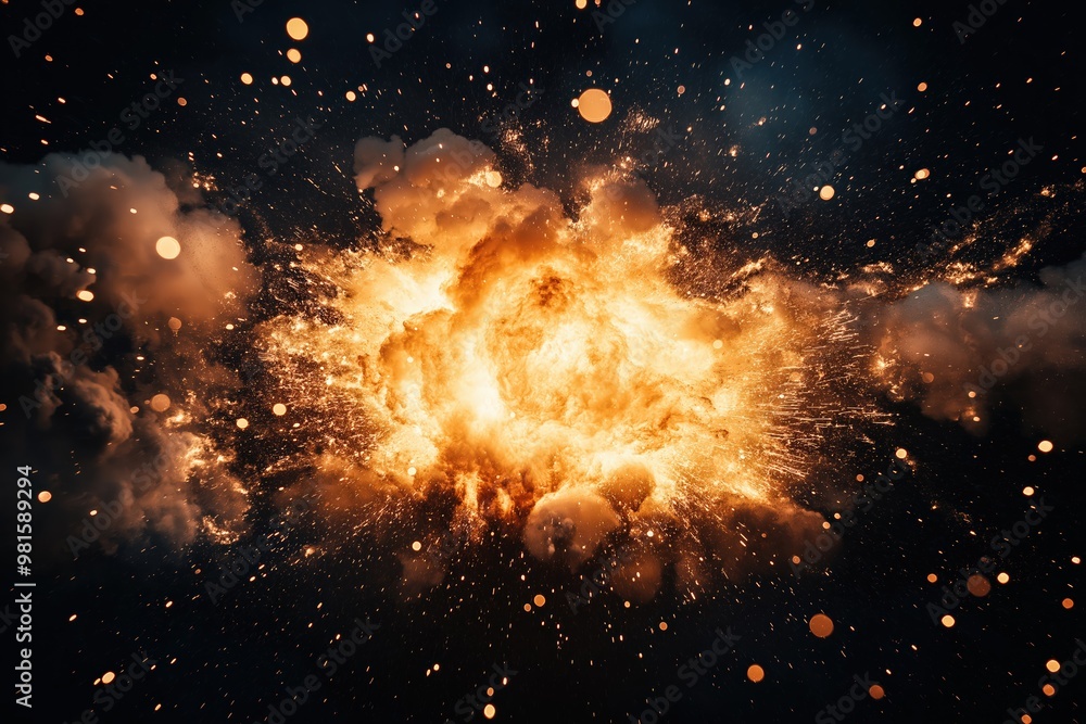 Massive explosion lighting up the night sky with clouds of smoke and ...