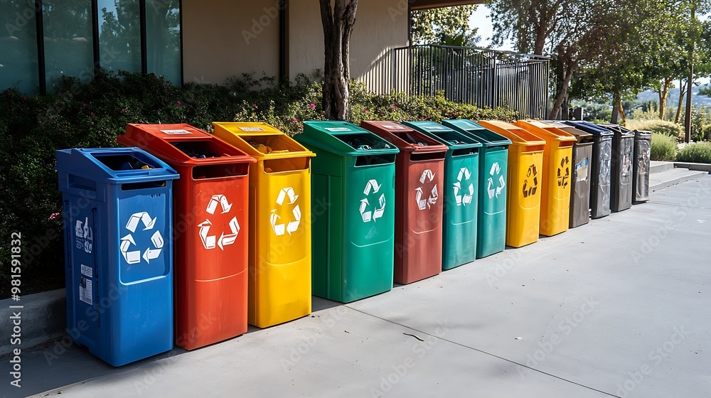 Recycling Drop-Off: A recycling drop-off point with multiple bins for different materials (paper ...