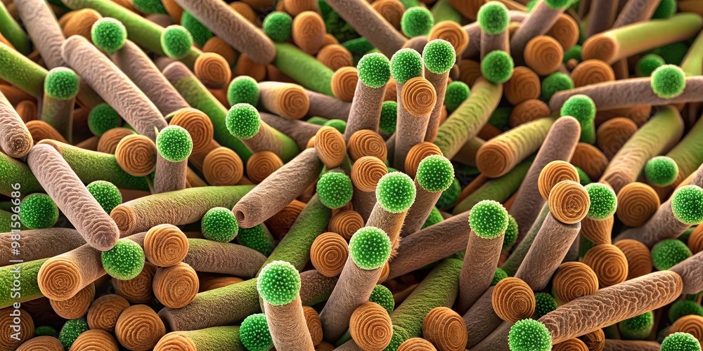 Microscopic View of Green and Brown Spores with Detailed Texture, SEM ...