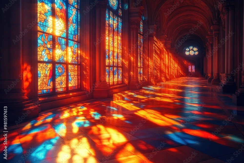 Stained Glass Windows Cast an Eerie Glow on the Corridor, Making ...