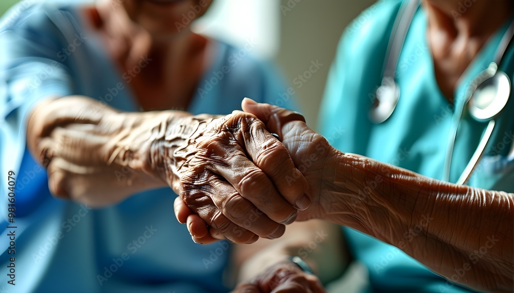 Supportive handshake between caregiver and elderly patient representing ...