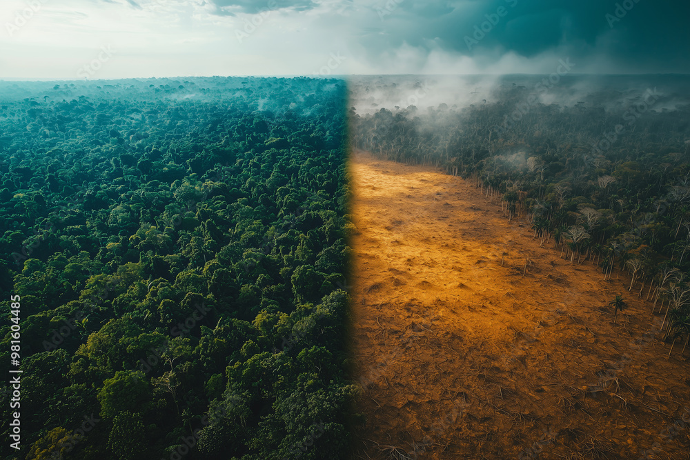 image depicts striking contrast between lush green forest and dry ...