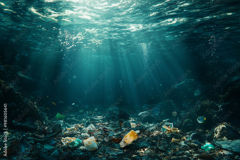 Beneath surface, plastic waste floats in deep ocean, surrounded by ...