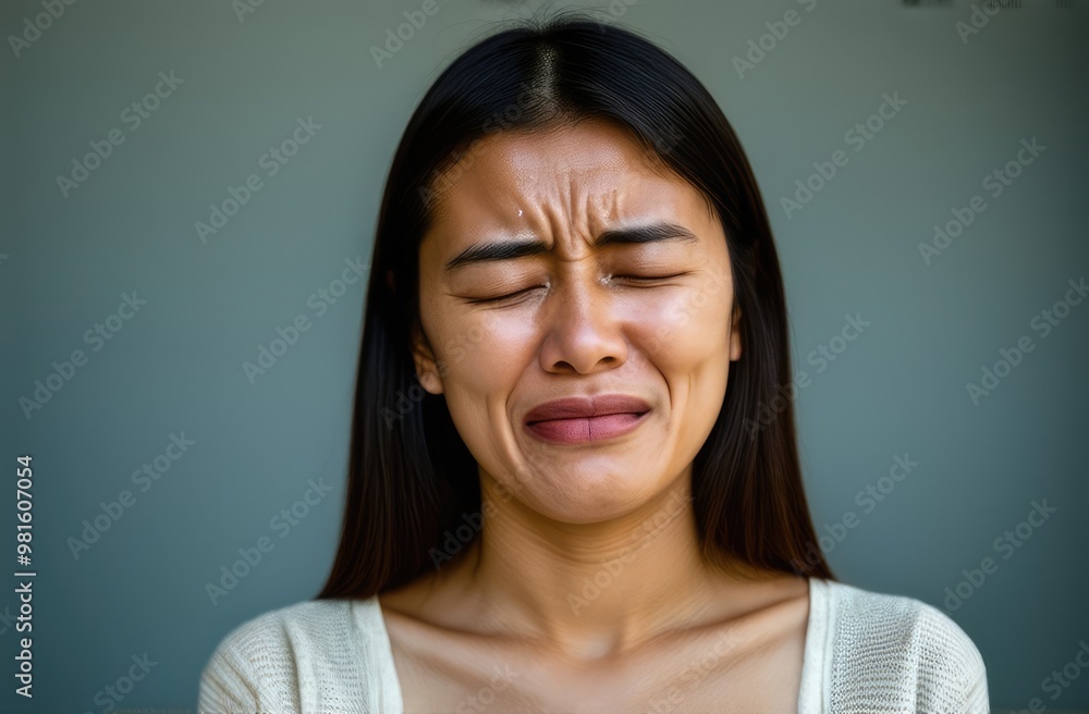 miserable asian female crying in pain, close up. shock and emotional ...