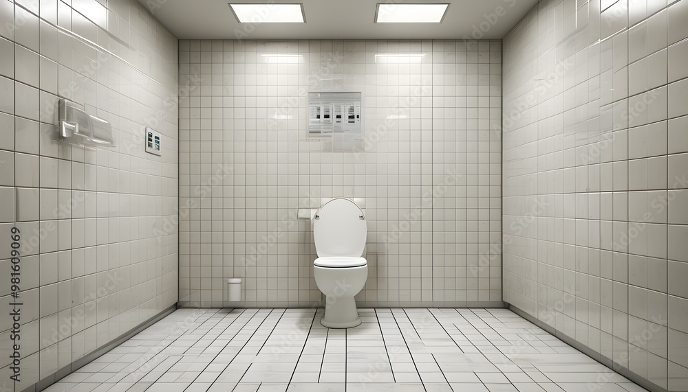 Hygienic public restroom featuring a pristine white toilet within a ...