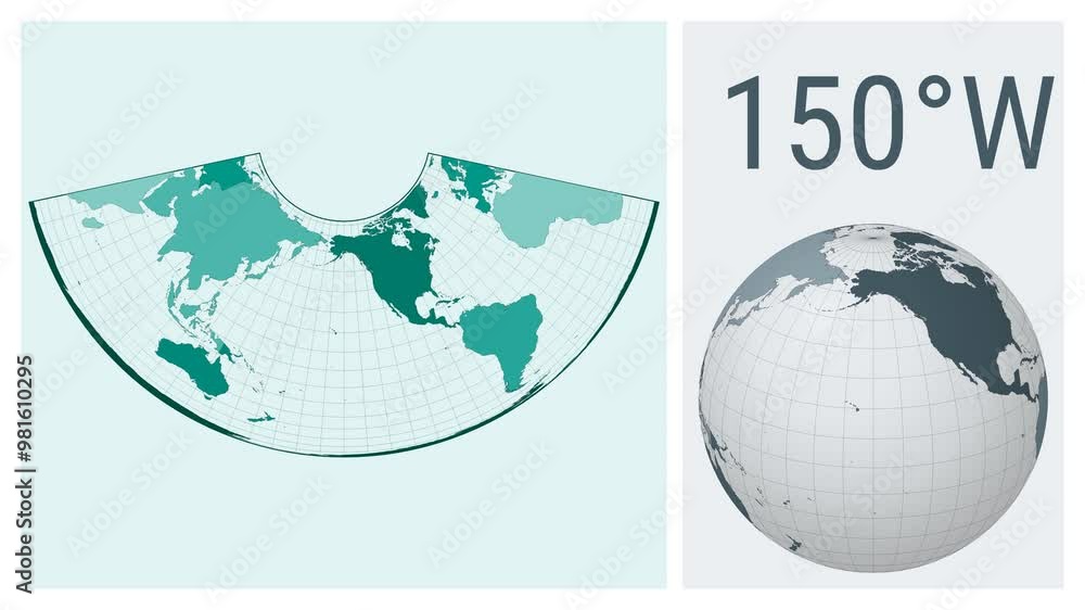 World Map Animation. Albers conic equal-area projection. Colored ...