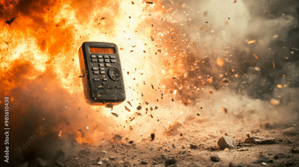 A powerful explosion erupts with debris flying, while a detonator ...