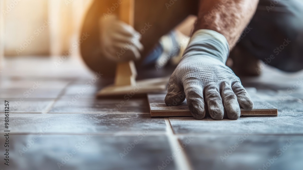 A close-up of a hand wearing a glove pressing a floor tile into place ...