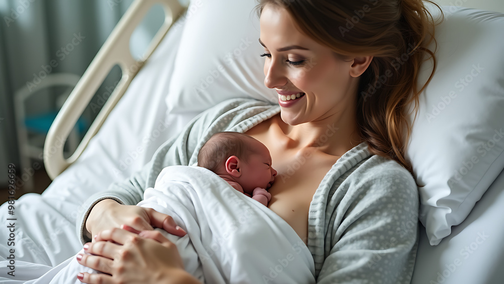 New mother in hospital bed holding newborn baby on chest, showcasing ...