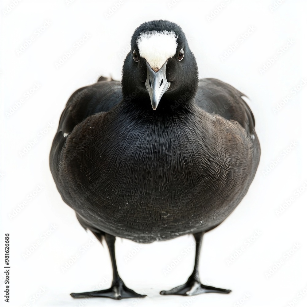 Eurasian coot stands proudly at the water’s edge, its sleek black body ...