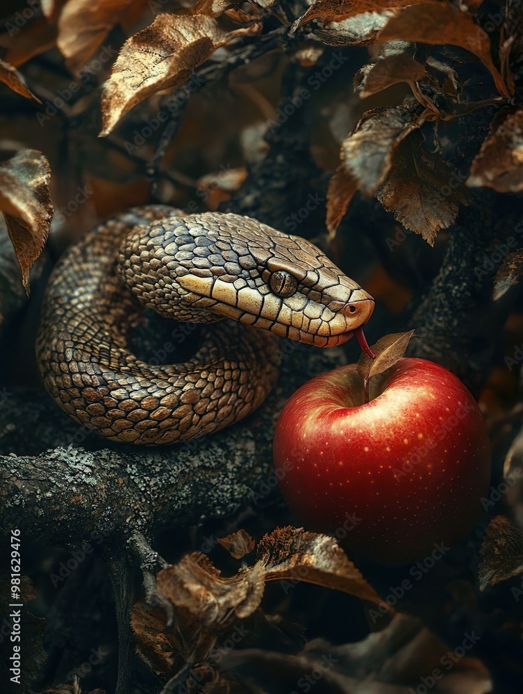Snake on an apple tree next to a red apple representing original sin ...