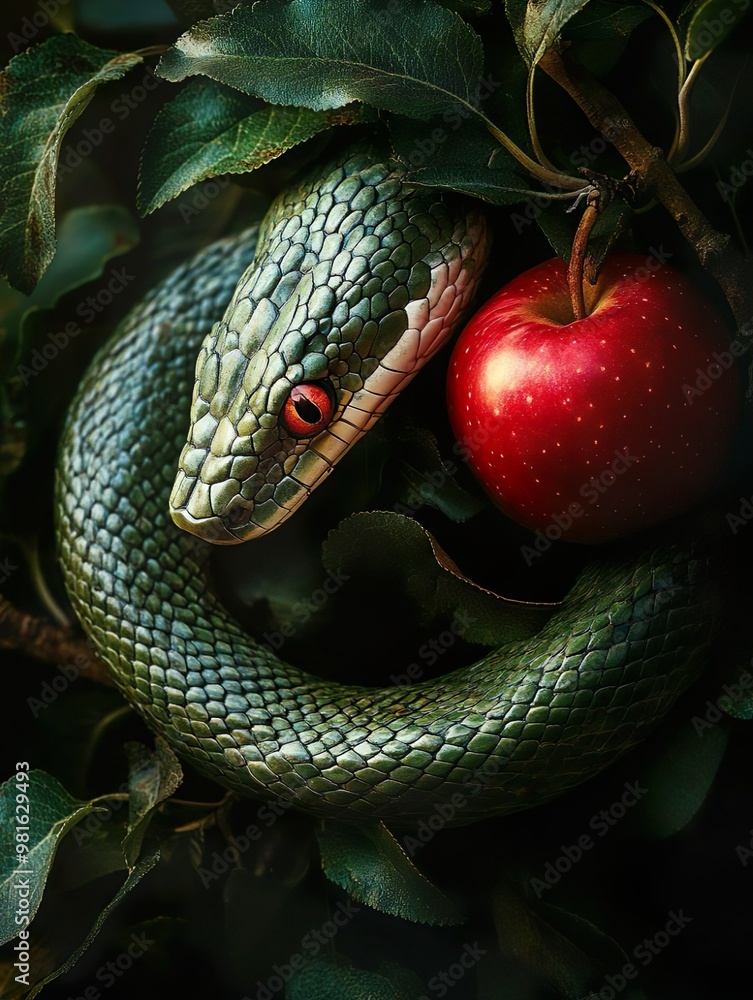 Snake on an apple tree next to a red apple representing original sin ...