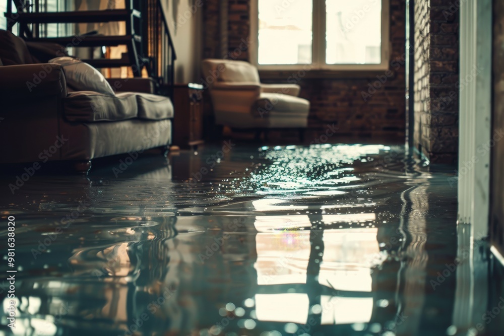 A kitchen with a sink full of water and a puddle on the floor ...