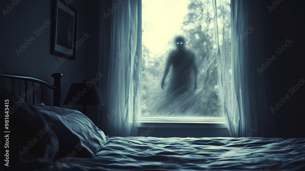 Chilling scene of a blurred ghost silhouette in a bedroom window ...
