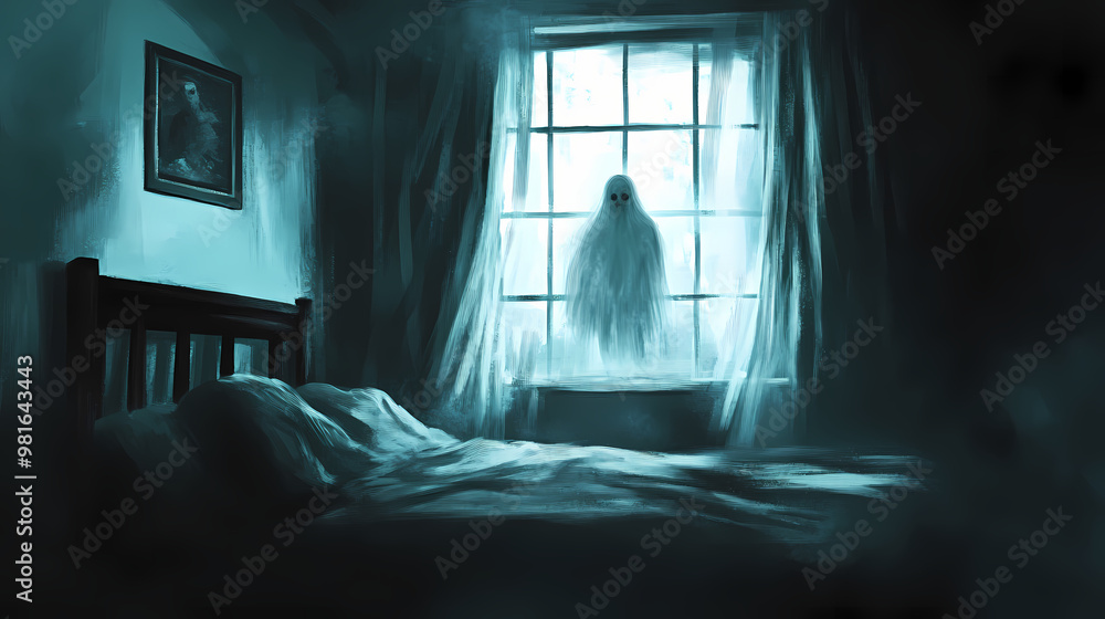 Chilling scene of a blurred ghost silhouette in a bedroom window ...