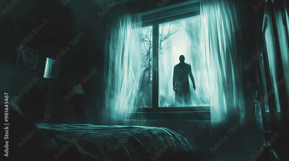 Chilling scene of a blurred ghost silhouette in a bedroom window ...