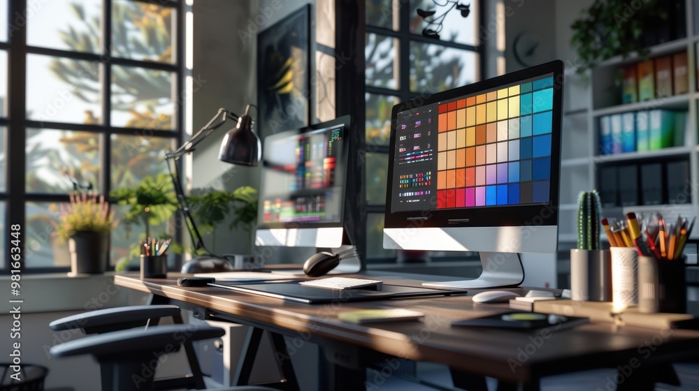 A graphic design studio setup with dual monitors, a drawing tablet, and ...