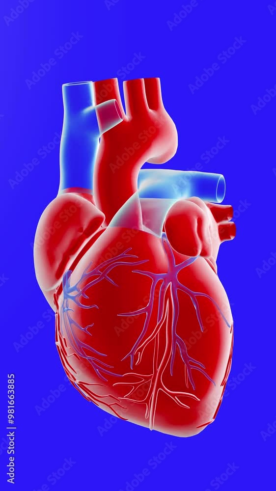 Vertical 3d animation of a beating anatomical heart. With coronary ...