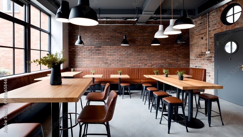 Seating area with bar tables and bar chairs in a modern cafe ...