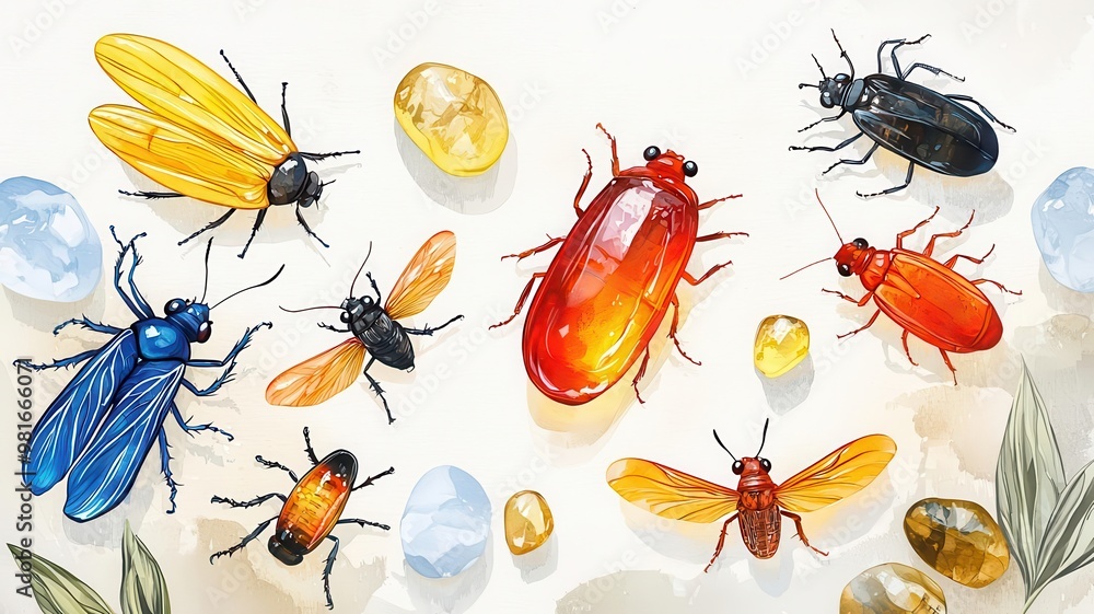 Evolution of Mesozoic insects flat design top view showing species in ...