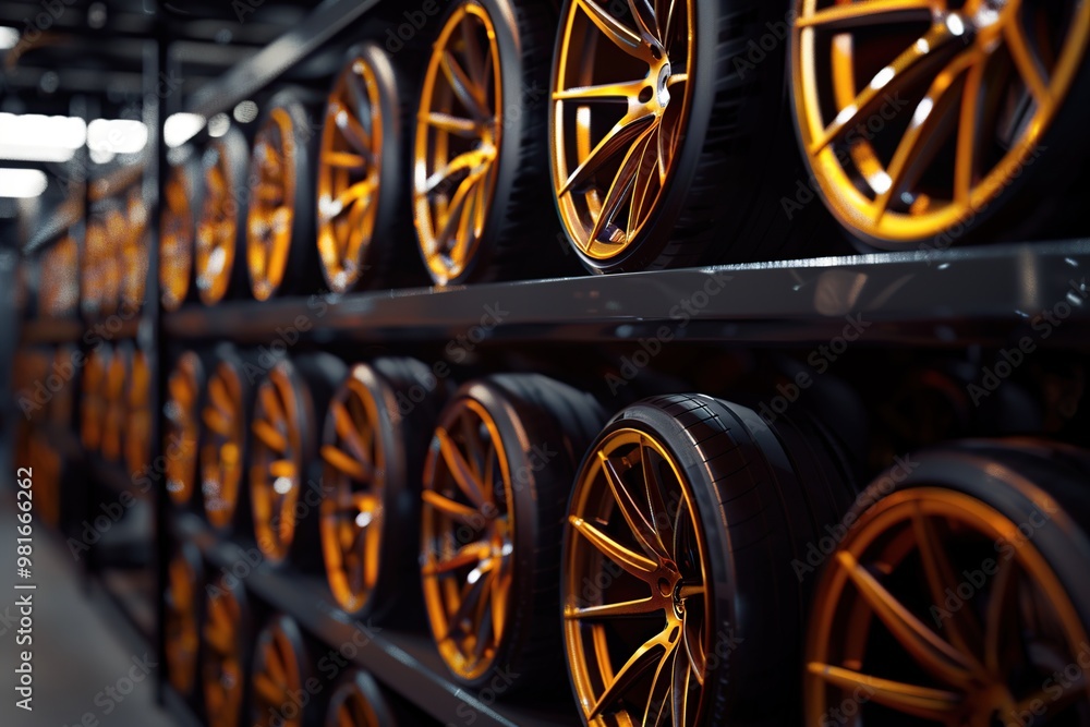 Row of new tires with gold rims, on the shelf of an auto tire shop ...