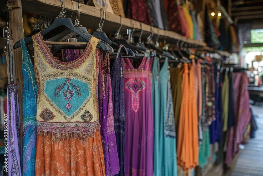 Colorful bohemian dresses hang on a rack. This image can be used for ...